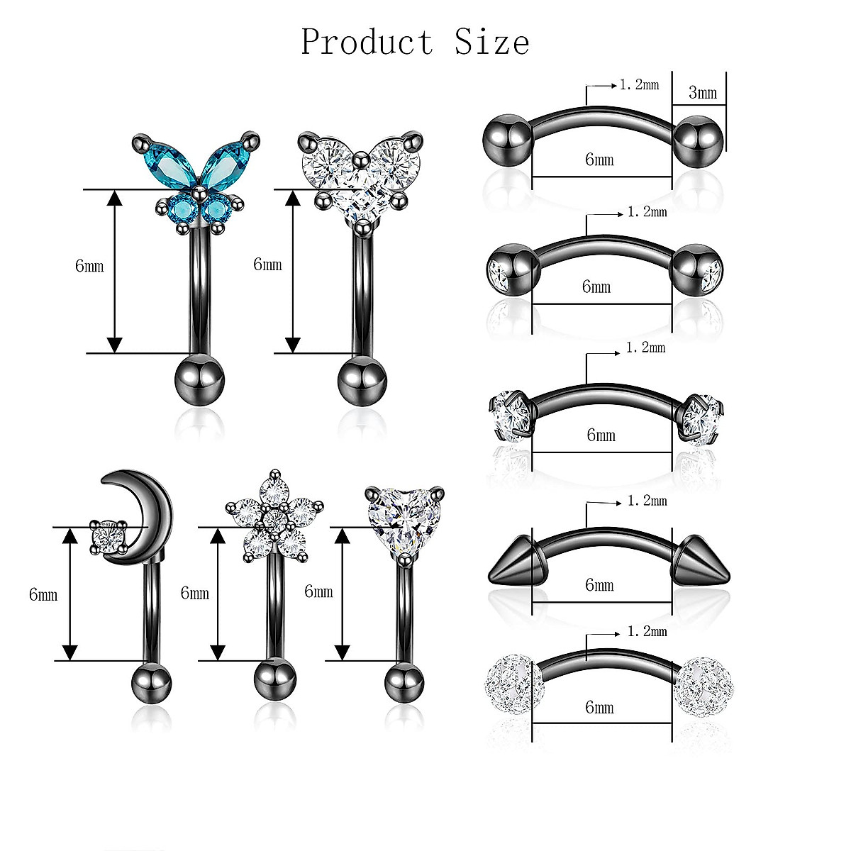 EVISPOL 10Pcs 16G Rook Piercing Jewelry for Women Men, Eyebrow Rings Curved Barbell 316L Stainless Steel Belly Lip Rings CZ Daith Cartilage Earrings Tragus Helix Piercing Jewelry-6MM-Black