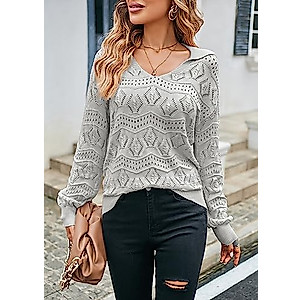 Women's 2023 Fall Lapel Collar V Neck Long Sleeve Knitted Comfy Loose Casual Pullover Sweater Jumper Top Grey L