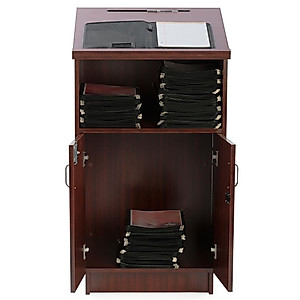 45.5" Tall Podium with Locking Cabinet, Shelf, 25" Angled Surface with Lip (Mahogany)