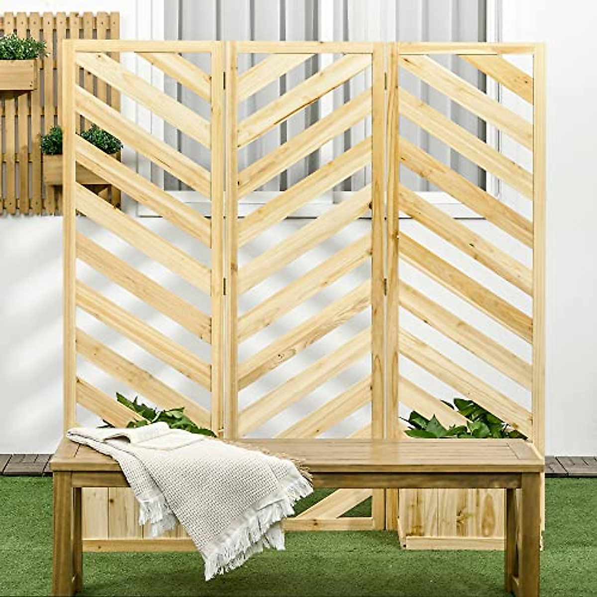 Outsunny Decorative Outdoor Privacy Screen, Freestanding Divider/Separator with 4 Self-Draining Planters, 3 Trellis Plant Support Panels for Garden Walkway, Backyard - Natural Wood