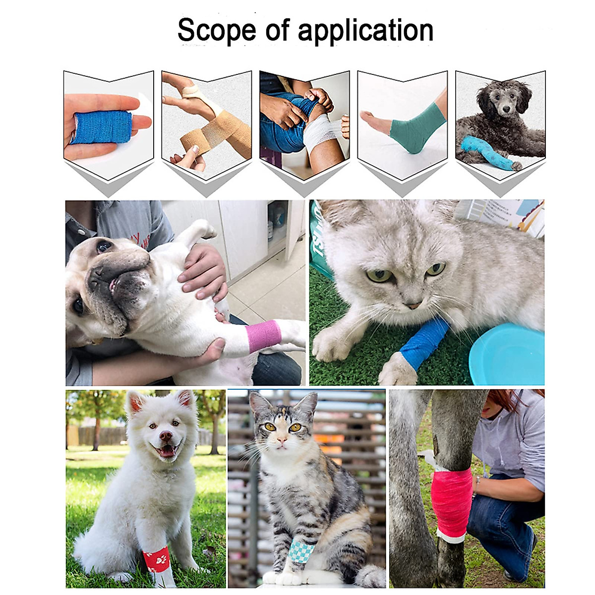 AMOGATO 6 Pack Paw Self Adhesive Bandage Wrap, Vet Wrap Cohesive Bandagesfor Pets, Athletic, Sports, Wrist, Ankle, First Aid 2 Inch x 5 Yards