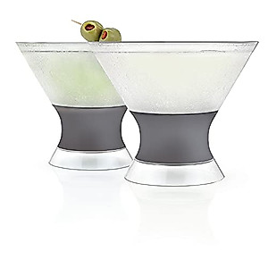HOST Freeze Insulated Martini Cooling Cups, Plastic Freezer Gel Chiller Double Wall Stemless Cocktail Glass Set of 2, 9 oz, Grey