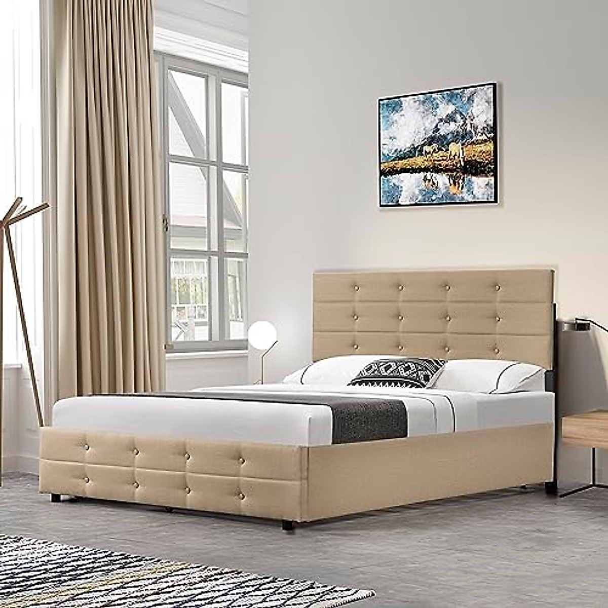 Prohon Upholstered Platform Bed with Trundle & 2 Drawers, Wood Bed Frame Queen Size, Modern Bedframes with Linen Tufted Headboard for Kids, Teen & Adults, No Box Spring Needed, Light Beige