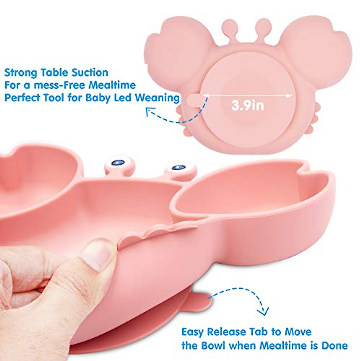 Silicone Suction Plate for Toddlers with Fork Spoon Set - Self Feeding Training Divided Plate Dish and Bowl for Baby and Toddler, Fits for Most Highchairs Trays (Pink)