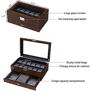 BEWISHOME 12 Watch Box with Valet Drawer, Luxury Watch Case,Watch Organizer for Mens Accessories with Real Glass Top,Metal Hinge, Brown SSH02Y