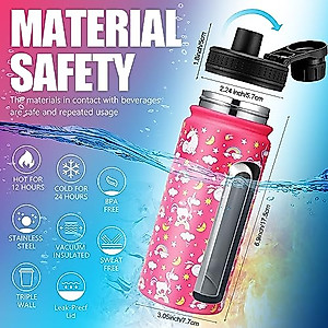 2 Pcs 16 oz Kids Insulated Water Bottle with Wide Handle, Stainless Steel Double Wall Vacuum Leak Proof Kids Bottle, Keep Hot or Cold Cute Metal Water Bottle for School Boys Girls (Rainbow, Unicorn)
