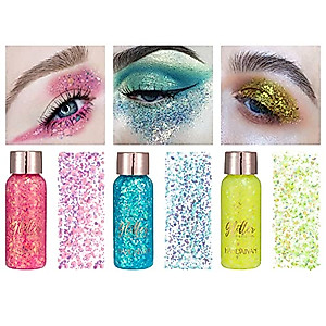 3 Color Body Glitter Gel Set, Mermaid Sequins Skin Long Lasting Sparkling Liquid Eyeshadow Lip Nail Hair Painting Glitter Laser Powder Decorate Art Festival Party Makeup 32ml*3 (Set B)