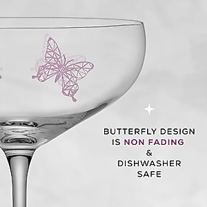 JoyJolt Meadow Butterfly Martini Glasses – 14oz Premium Crystal Martini Glasses Set of 2 – Exquisite Pink Butterfly Printing – Tall Manhattan Glasses for Cocktails, Martini, Drinks – Made in Europe