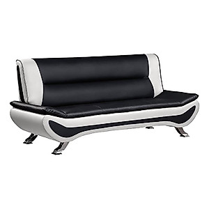 Pemberly Row Contemporary Faux Leather Sofa, 3 Seater Living Room Furniture Couch with Metal Legs, Low Armrest Sleeper Sofa in White and Black