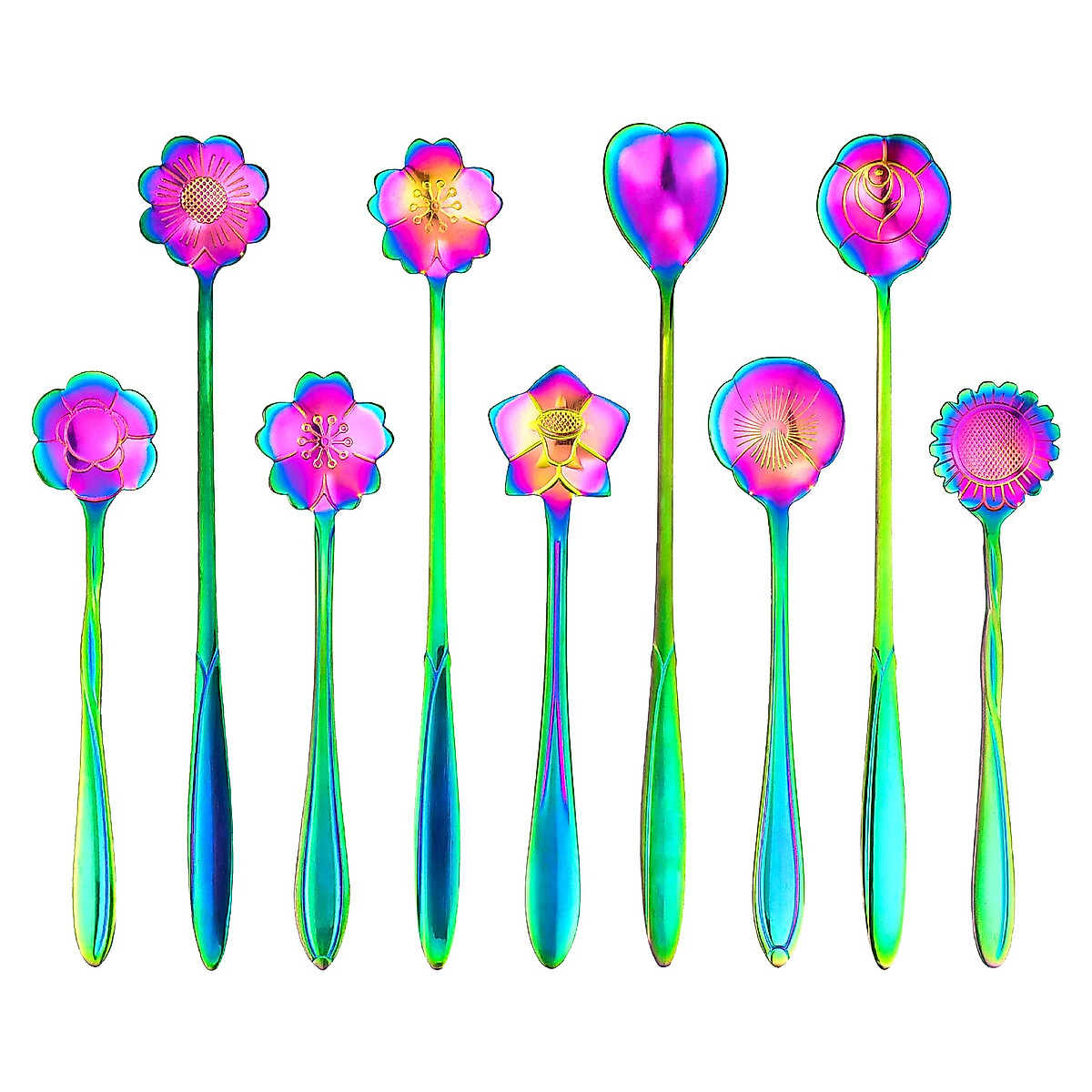 9 PCS Rainbow Flower Spoon Set, LEEFONE 2 Different Size Stainless Steel Reusable Teaspoons Coffee Sugar Stirring Spoon Dessert Cake Spoons Tea Scoops Table Spoon Mixing Spoon Ice Tea Spoon