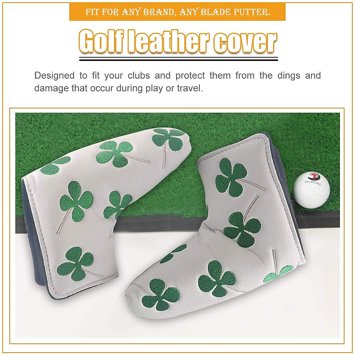 HIFROM Golf Blade Putter Head Cover headcover Shamrock Embroidered Clover Compatible with All Brands White Color