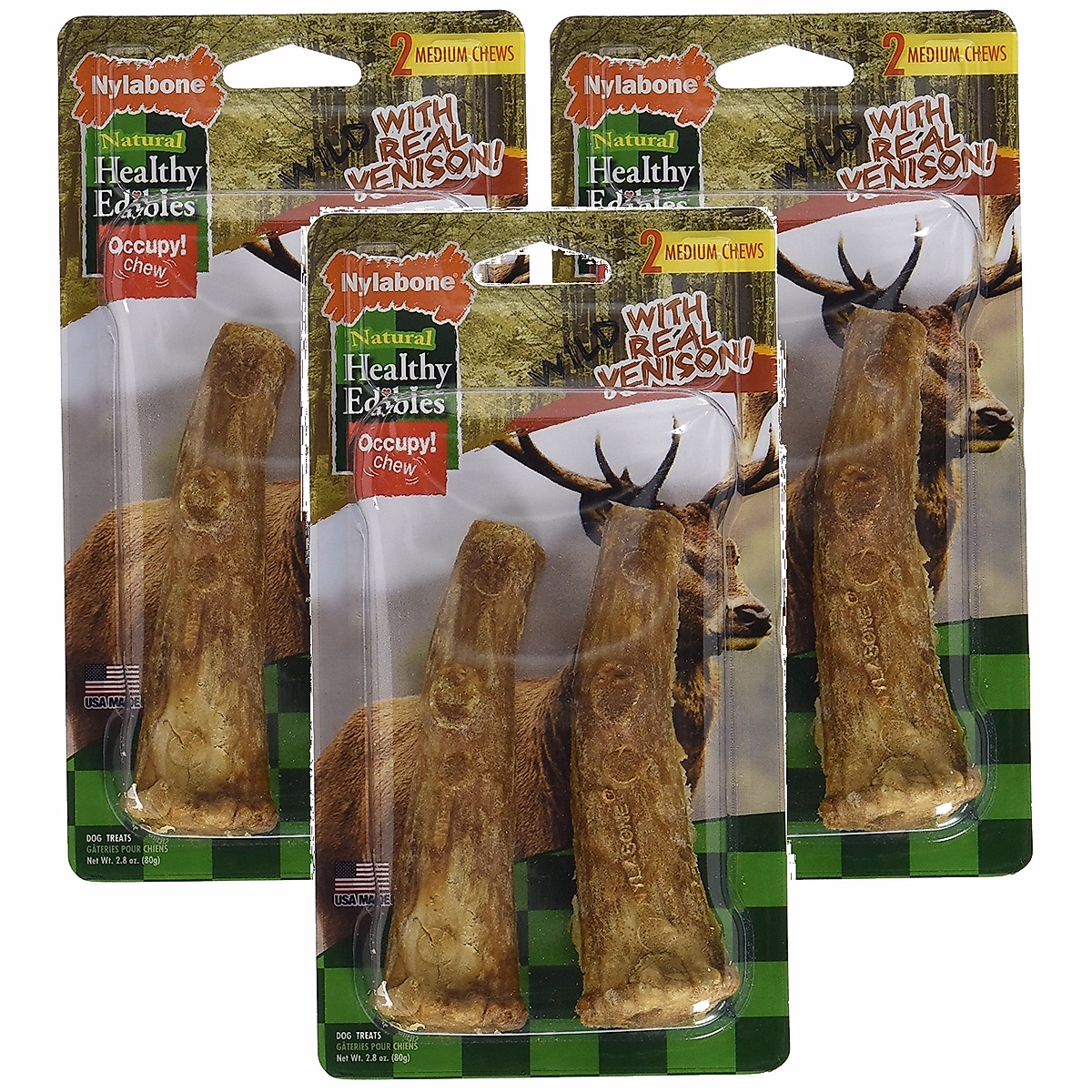 (3 Pack) Nylabone Healthy Edibles Edible Antler Real Venison Dog Treats, 2 Treats Each