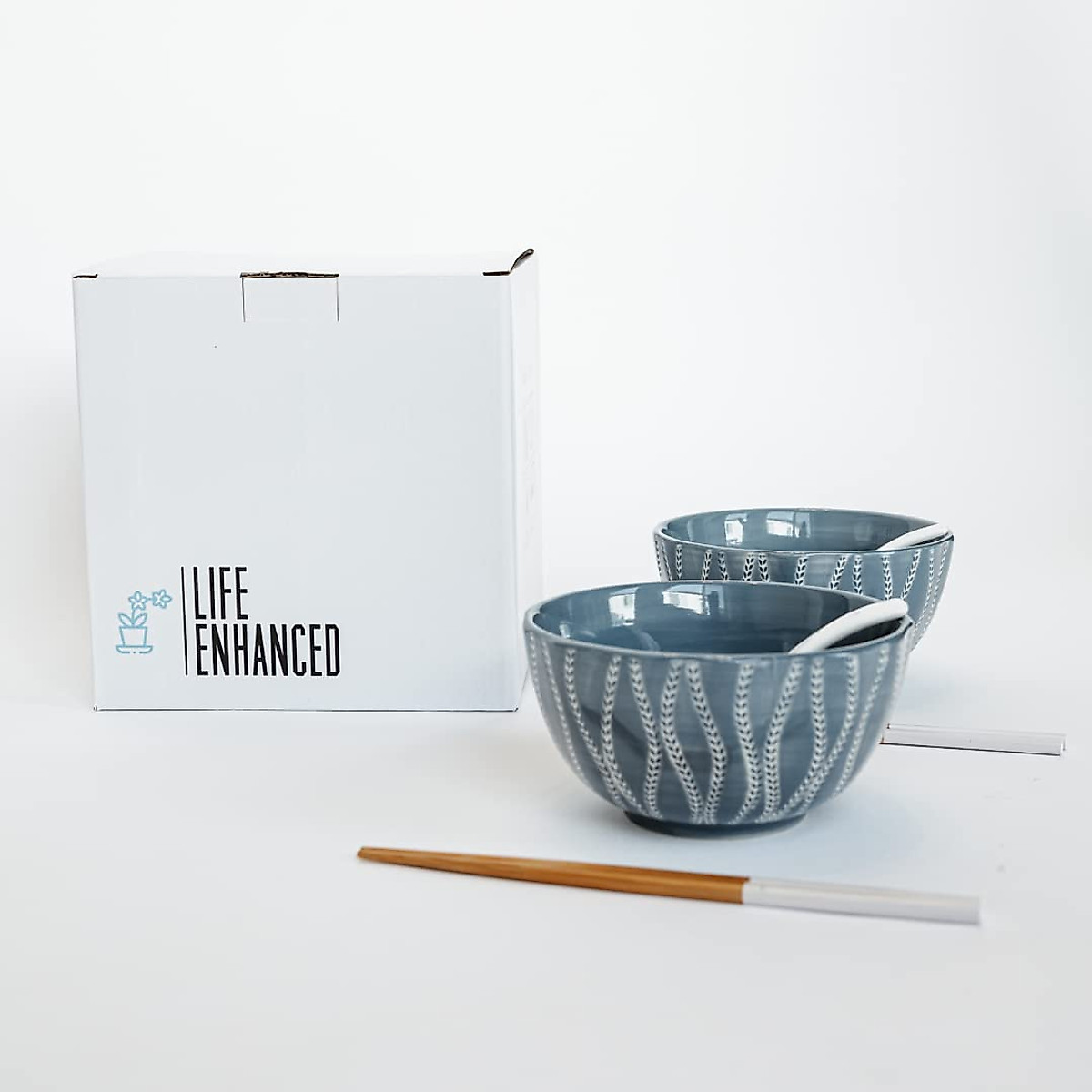 Ramen Bowl Set, Hand Painted, comes with 2 Ramen Bowls 2 Spoons and 2 Chopsticks, Ramen Bowl with Chopsticks, Pho Bowl, Noodle Bowl, Soup Bowl