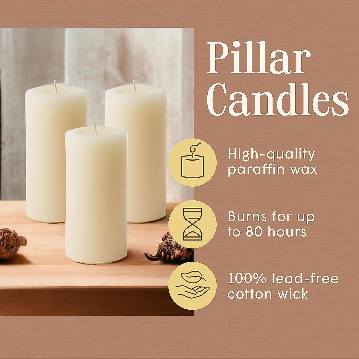 Mister Candle Dripless Vanilla Scented Ivory Pillar Candles Set of 3, Hand Made Vanilla Pillar Candles with Essential Oils for Home Decor, Premium Wax, 80 Hr Burn Time (3x6 inch)