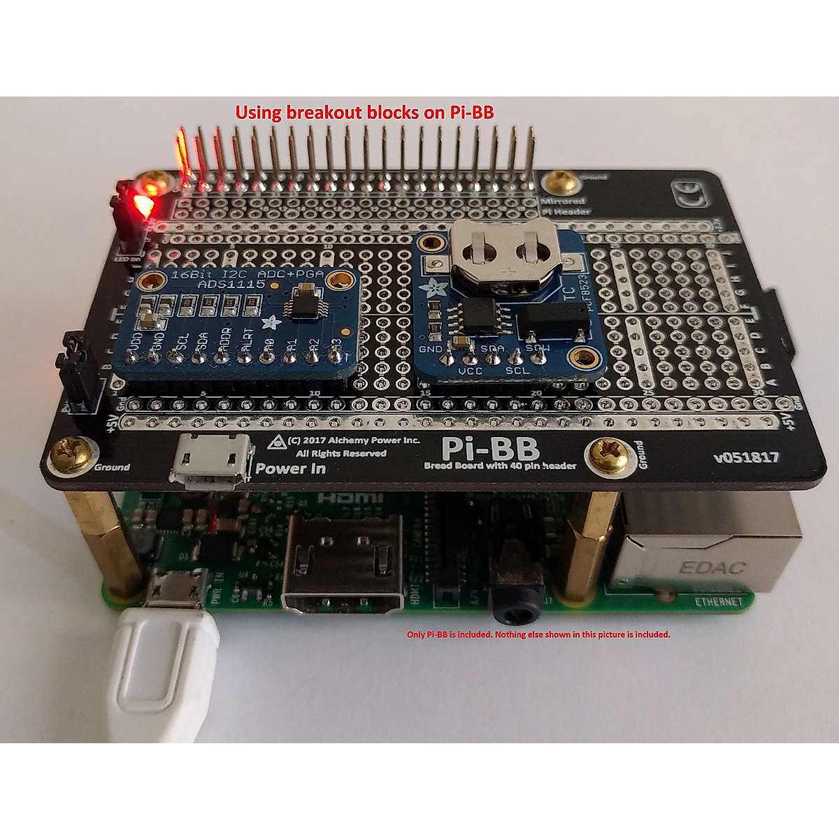 Alchemy Power Inc. Pi-BB - Half-Size Double Sided Powered breadboard, USB Powered with a 40 pin Header soldered. Powers a Raspberry Pi or just The Bread Board.