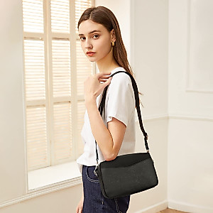 Jackie&Jill Small Crossbody Bags Purses for Women,Cork & Leather Shoulder Handbags with Wide Strap,Top Zipper Camera Bag (Black)