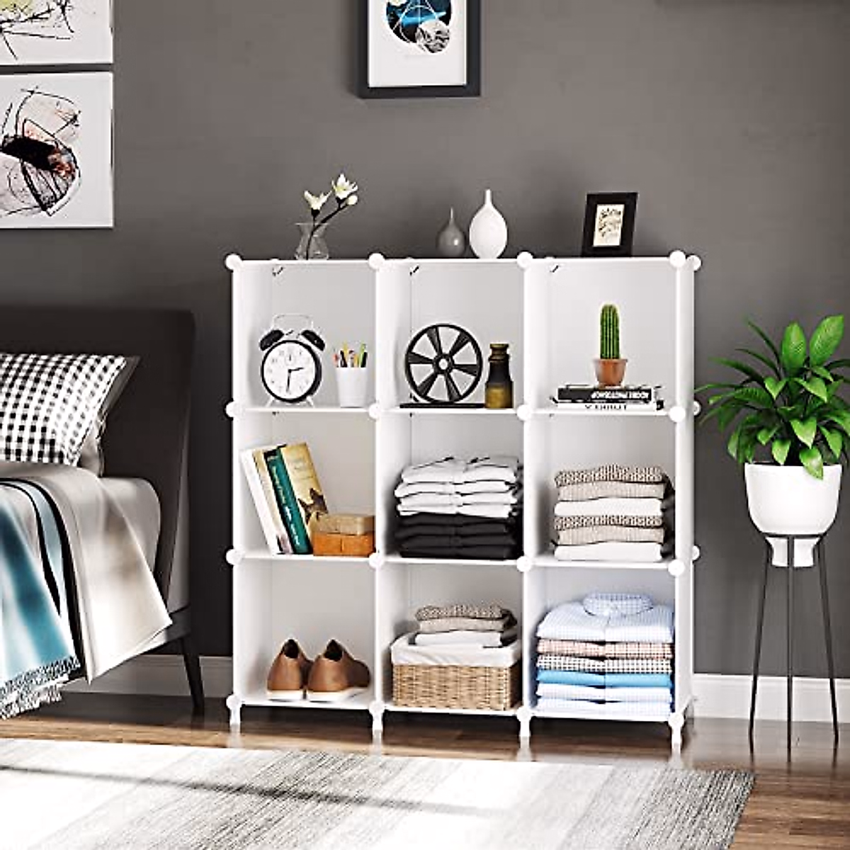 AWTATOS Cube Storage Organizer Modular Storage Cubes Bookshelf Stackable Closet Storage Shelves DIY Plastic 9 Cube Organizer Shelving, Ideal Storage Solution for Bedroom, Home Office, White