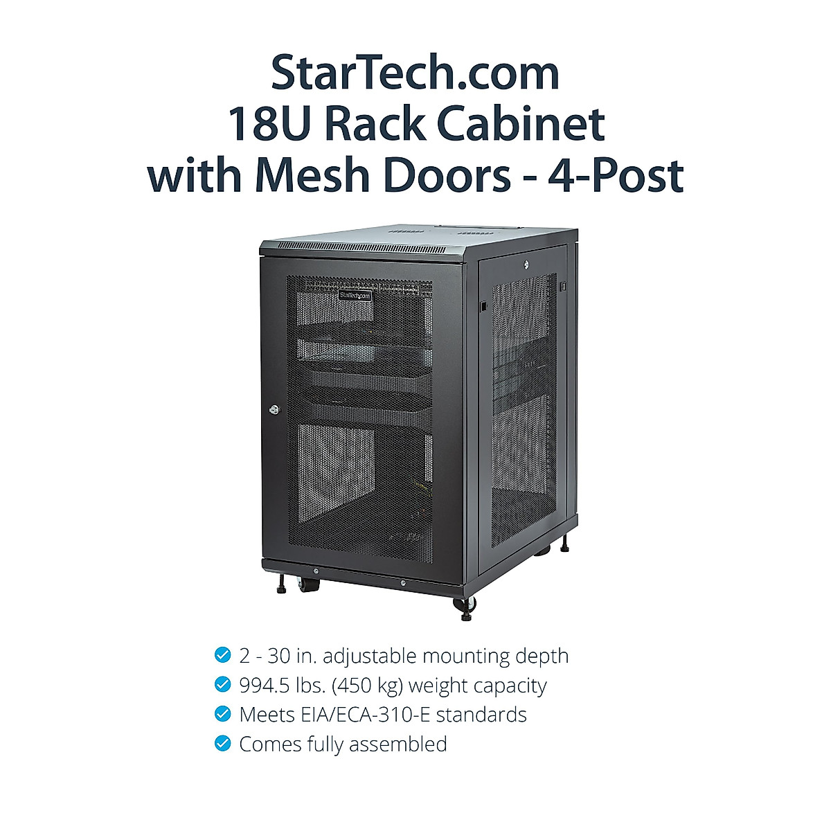 StarTech.com 4-Post 18U Server Rack Cabinet, 19" Data Rack Cabinet for IT / Network Equipment, with Adjustable Mounting Rails
