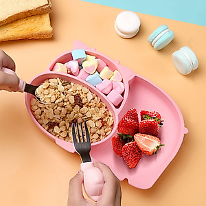 MOTEERLLU Silicone Divided Toddler Plates BPA Free Portable Non Slip Suction Plate with Spoon and Fork Set-Cow,Dishwasher and Microwave Safe. (Green)