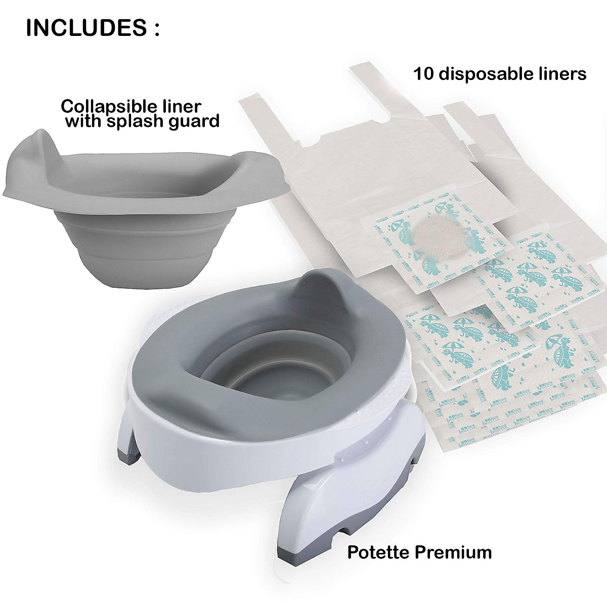 Potette Plus Premium Potty Value Pack: Kalencom 2in1 Potette Plus Premium Portable Potty and Premium Reusable Collapsible Liner for Home Use (White/Gray)
