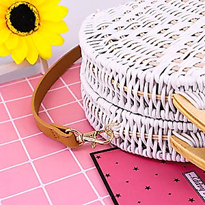 QTKJ Hand-Woven Round Rattan Wooden Handle Tote Bag Summer Beach Straw Crossbody Bag Shoulder Bag with Adjustable Leather Shoulder Strap (White)