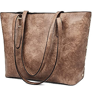 FOXLOVER Vegan Leather Tote Bags for Women Large Capacity Shoulder Bags Vintage Satchel Handbag Purse (Brown)