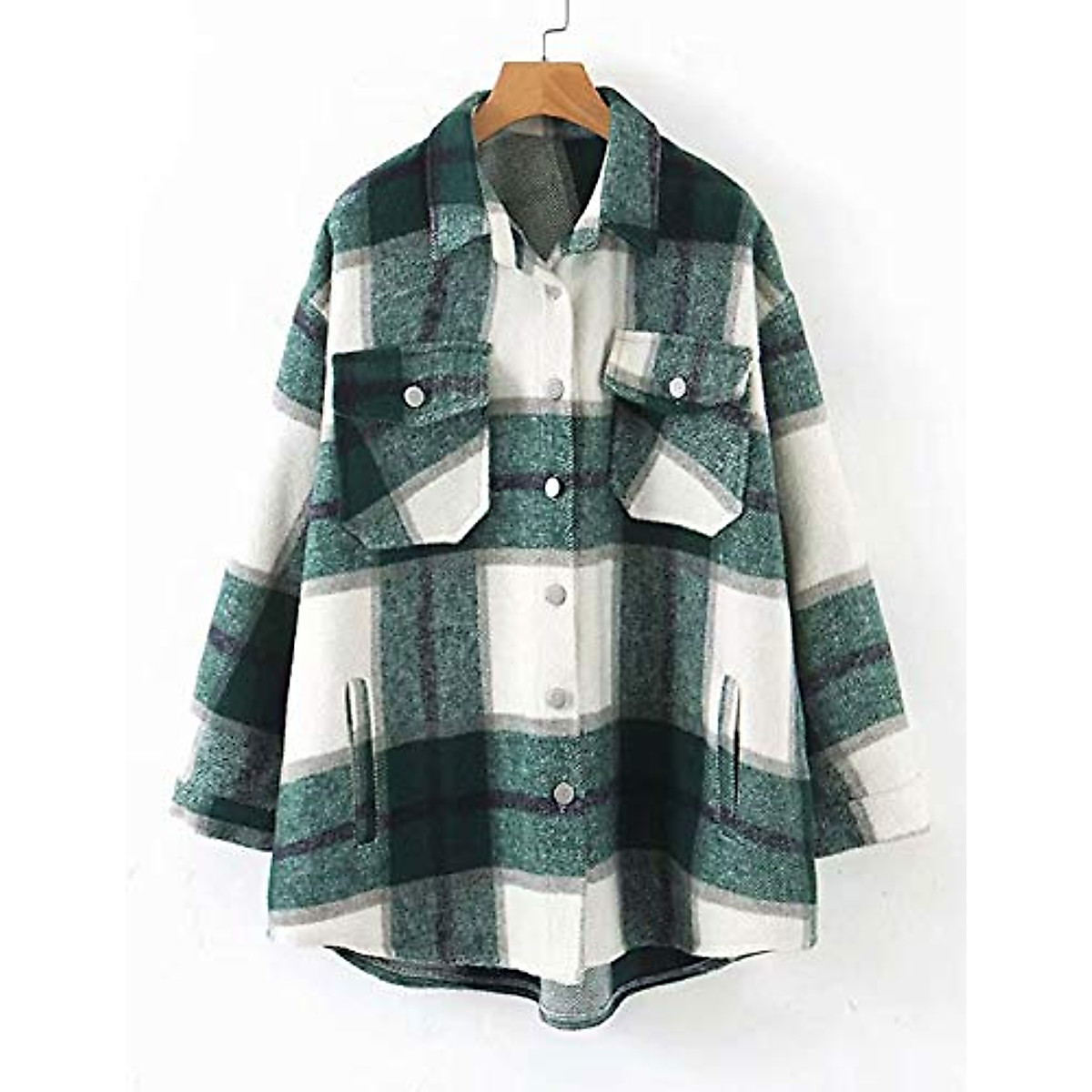 Tanming Womens Brushed Flannel Plaid Lapel Button Short Pocketed Shacket Shirts Coats（01 Green-M）