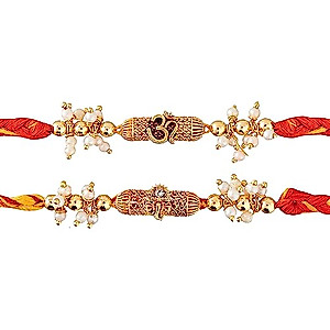 Eximious India Set of 2 Rakhi For Brother With Card Om and Ganesha Pearl Pendant For Raksha Bandhan Designer Rakhi Thread for Bhaiya