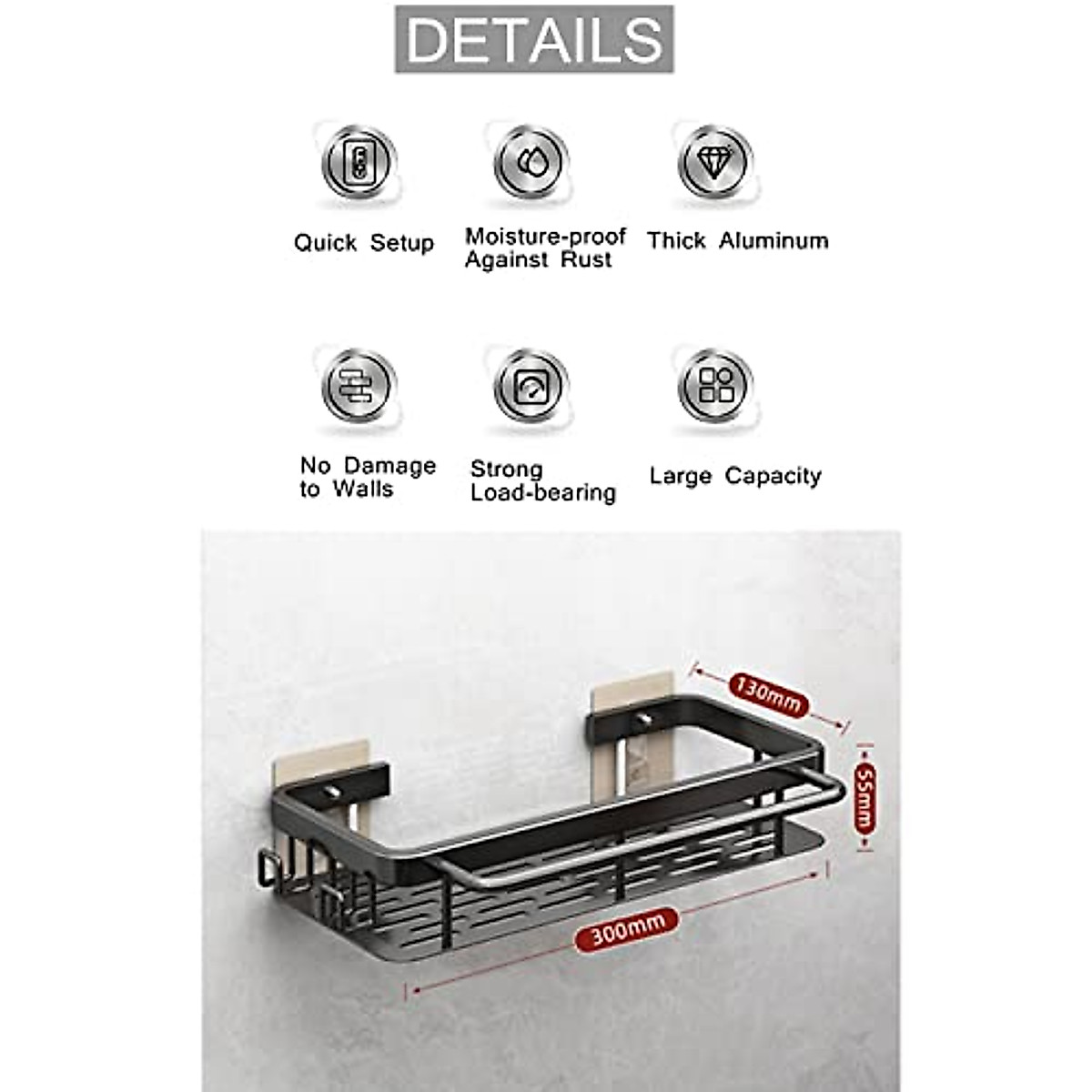 Shower caddy, 2 Pack Black Space Aluminum Shower Organizer, No Drilling Rustproof Shower Shelves with Hooks and Towels Hanger Storage for Bathroom, Kitchen