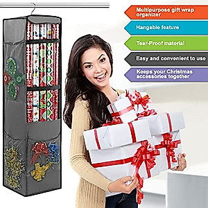 ProPik Holiday Hanging Wrapping Paper Storage Bag Organizer Swivel Hanger 360 Degree Multiple Mesh Pockets And Loops Holds Up To 25 Rolls 40 Inch Plus Space For Ribbons Bows And Gift Wrap (Gray)