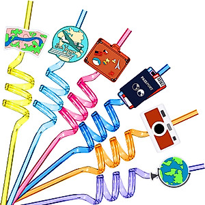24 Pcs Travel Themed Party Favors Supplies Plastic Drinking Straws, Adventure Awaits Bon Voyage Birthday Party Supplies, Colorful Reusable Straws for Festivals Birthday Summer Beach Party Carnivals