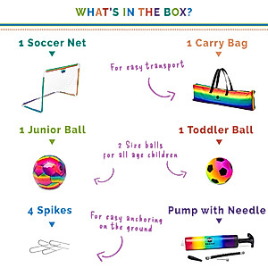 Morvat Kids Metal Poles Soccer Goal Set Portable Lightweight Training Equipment Backyard & Indoors Premium 48”x30” Net + 2 Size Soccer Balls + Ball Pump + Storage Bag – Color: Rainbow