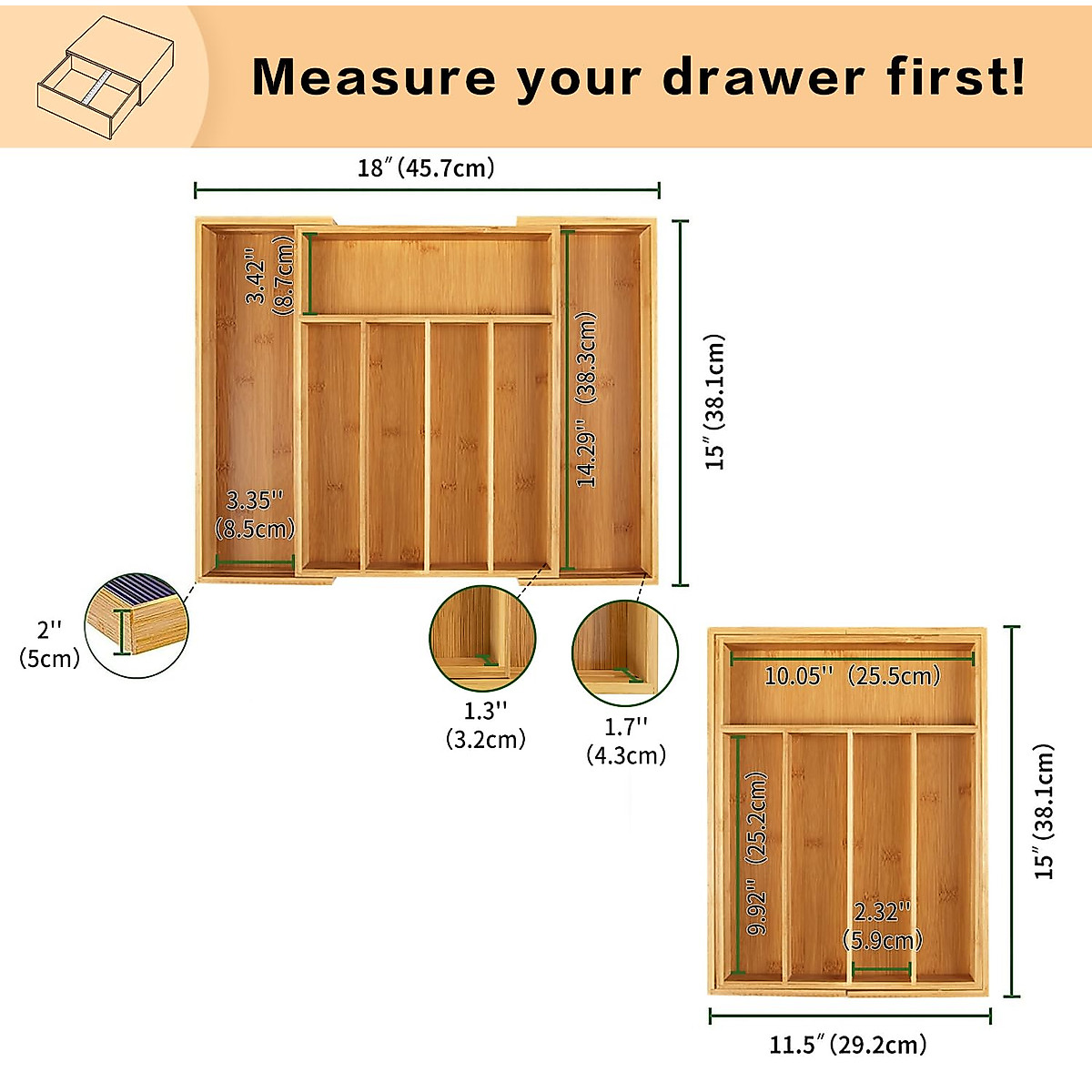 Utoplike Bamboo Cutlery Tray Silverware, Drawer Dividers for Kitchen Utensils, Flatware Tray Drawer Insert for knives, Gadgets and Garage Tools, Office Supplies, (11.5"-18" ) W X 15" H X 2“D (Small)