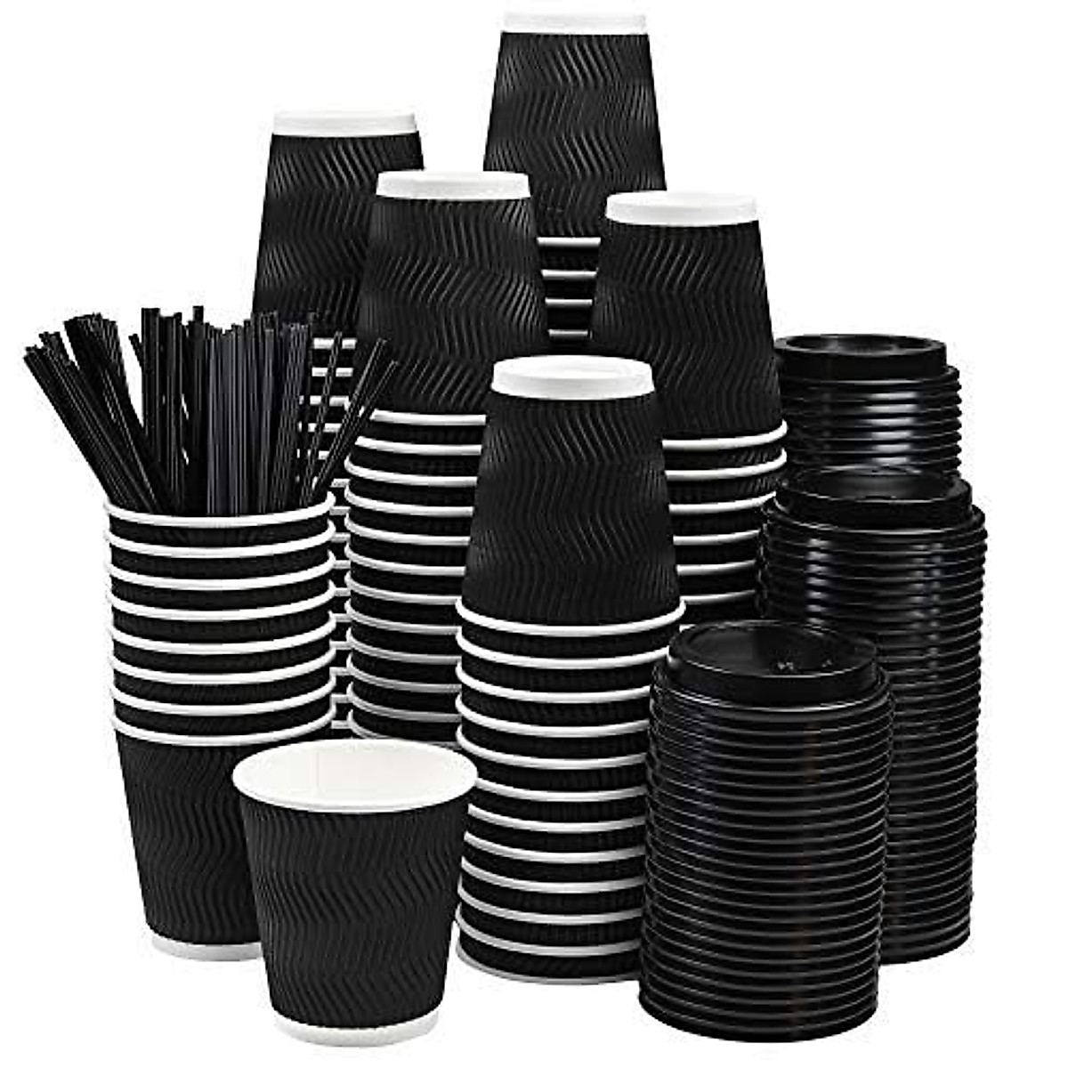 NYHI Pack of 100 10 oz Black Paper Cups with Black Lids Straws Coffee Cups Disposable BPA Free Insulated Ripple Kraft Paper Cups To go Cups for Hot or Cold Drinks Office Home Canteen Party Travel