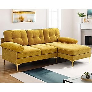 82" Ginger L Shape Sofa Couch w/Chaise Sleeper, Chenille Small Golden Sectional Couch with Chaise Mid-Modern Century Sofa for Living Room, Apartment, and Office with Removable and Washable Cushions