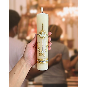 San Rafael Arcangel Holy Spirit Candle with Cross for Wedding or Other Sacraments White Candle Holy Ghost Design Vela Catolica para Boda Del Espiritu Santo 8 inch
