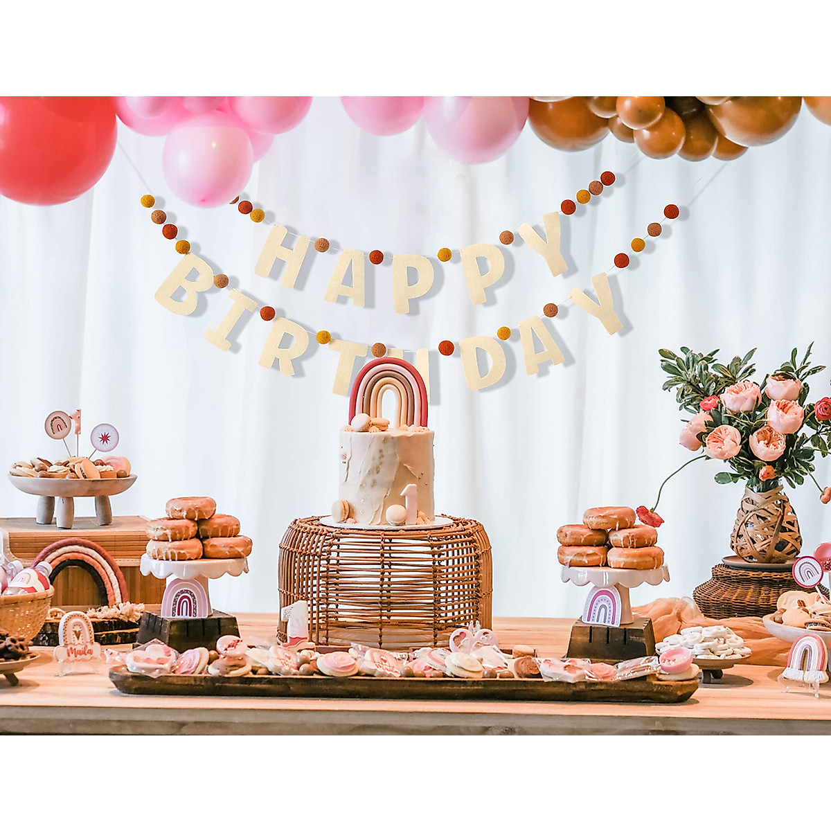 Boho Felt Happy Birthday Garland - Natural Handmade Wool Letters & Balls, Boho Birthday Decoration, Decorations for Children's Birthday Parties, Assembled Happy Birthday Banner