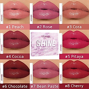UCANBE 8 Pcs Lightly Glossy Lipstick Set - Waterproof Lip Stain - Liquid Lip Color - Long Lasting Lip Gloss - Smuge proof Korean Makeup - Lip Stick Christmas Gifts for Women