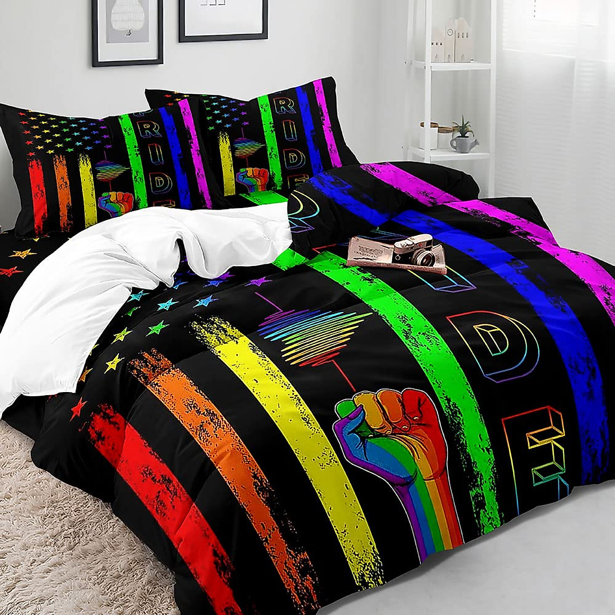 VIVIHOME 2PCS Rainbow American Flag Duvet Cover, Twin Bedding Sets, Black Bedding, LGBTQ Parade Lesbian Gay Pride Bedding, Comforter Cover, Quilt Cover Bedroom Decor, Inspirational Gifts, 1 Pillowcase