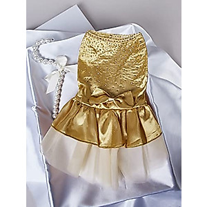 QWINEE Bow Decor Dog Dresses,Sweet Princess Cat Dress Puppy Skirt,Dog Mesh Cake Tutu Dress,Birthday Wedding Party Pet Clothes for Cat Small Medium Dog Doggie Girl Gold X-Small