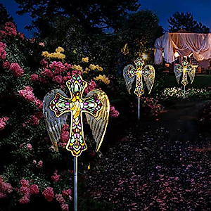 YJFWAL Solar Glass Cross Garden Stake Light, Cemetery Decorations for Grave Outdoor Lights, Jesus Cross Angel Wings Sympathy Memorial Gifts, for Garden Lawn Yard Patio Decor