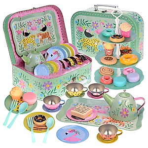Jewelkeeper Tea Set for Little Girls - 15 Piece Sets Kids Tin Tea Party with Cups, Saucers, Plates & Serving Trays-Toddler Princess Tea Time Pretend Play-Safari Design Picnic Toy -Girls Birthday Gift