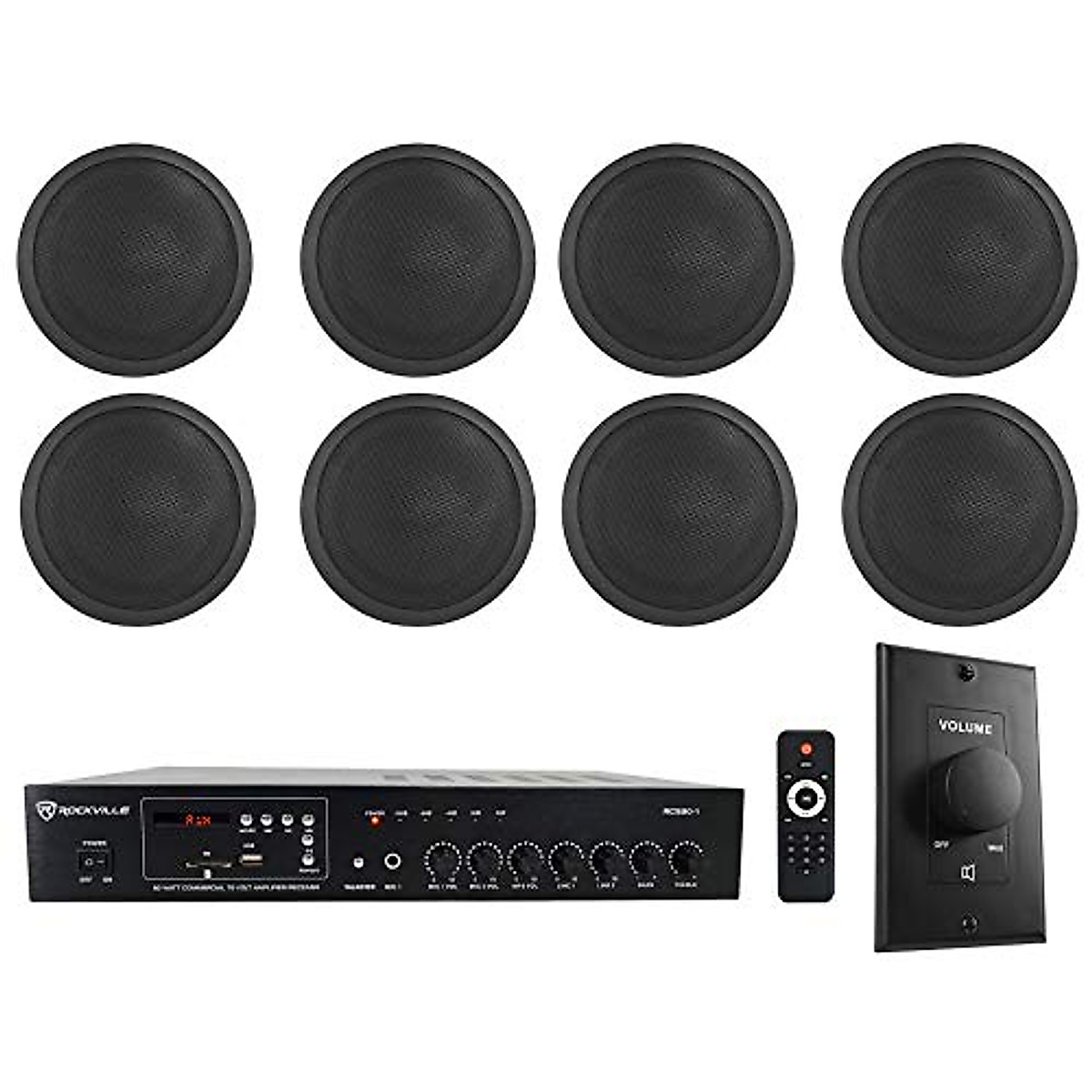 Rockville Commercial Restaurant Amp+(8) 6" Black Ceiling Speakers+Wall Control