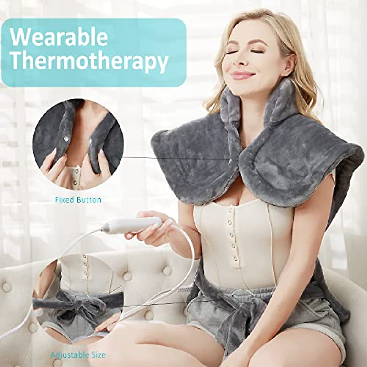 Wapaneus XL Large Heating Pad for Back & Neck,33"x24'' Wearable Electric Heated Pad- Heat Therapy Muscle Pain and Cramps Relief,with 3 Temperature Settings, Auto Shut-Off Machine Washable, Gray