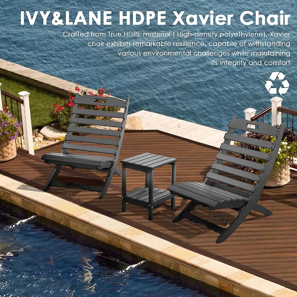 IVY&LANE Portable Xavier-Chairs Set of 2 | Folding-Adirondack-Chair | Wave | HDPE Plastic | Black | All-Weather Resistant | for Outdoor Fire-Pit Patio Lawn Beach Poolside