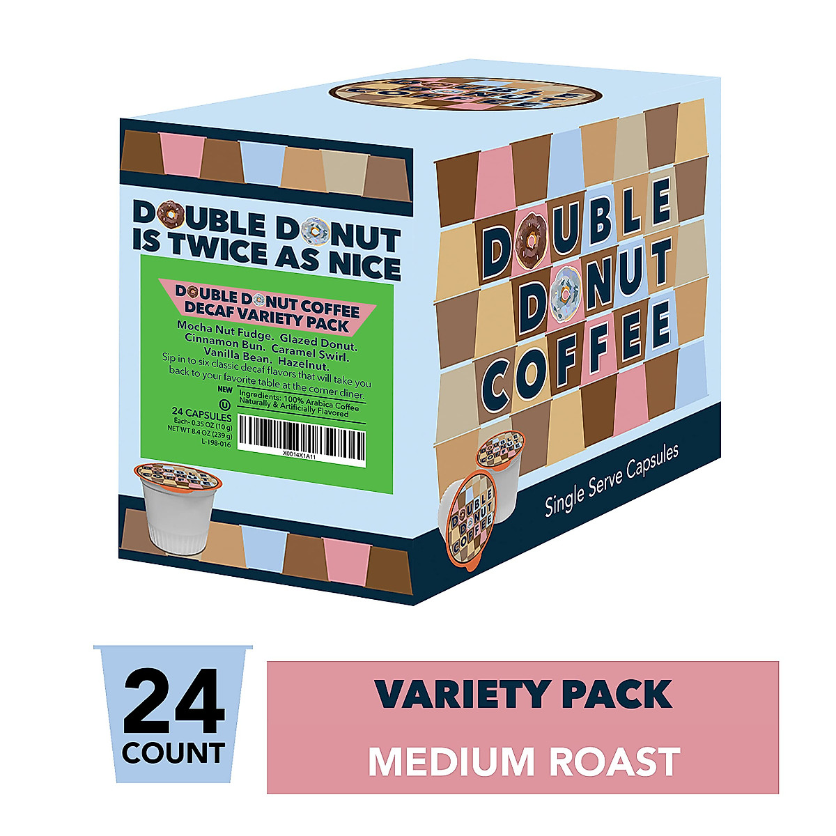 Double Donut Decaf Medium Roast Coffee Pods Variety Pack - 24 Count