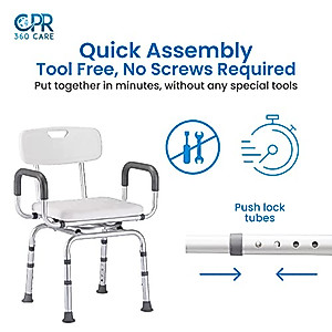 CPR Care Swivel Shower Chair for Inside Shower. 360 Degree Adjustable Height Lightweight Rotating Chair with Arms and Back for Elderly, Seniors, Handicap, Disabled Adults