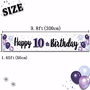 LASKYER Happy 10th Birthday Decorations,10th Purple Balloon Large Birthday Hanging Banner Sign,Cheers to Ten Years Old Bday Party Supplies.