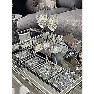 Glass Coasters for Drinks, Set of 4, Diamond Decor, Silver Crystal Coaster, Mirrored Elegant, Fancy, Glam, for Home Kitchen Table Bar Accessories, Square (4" x 4")