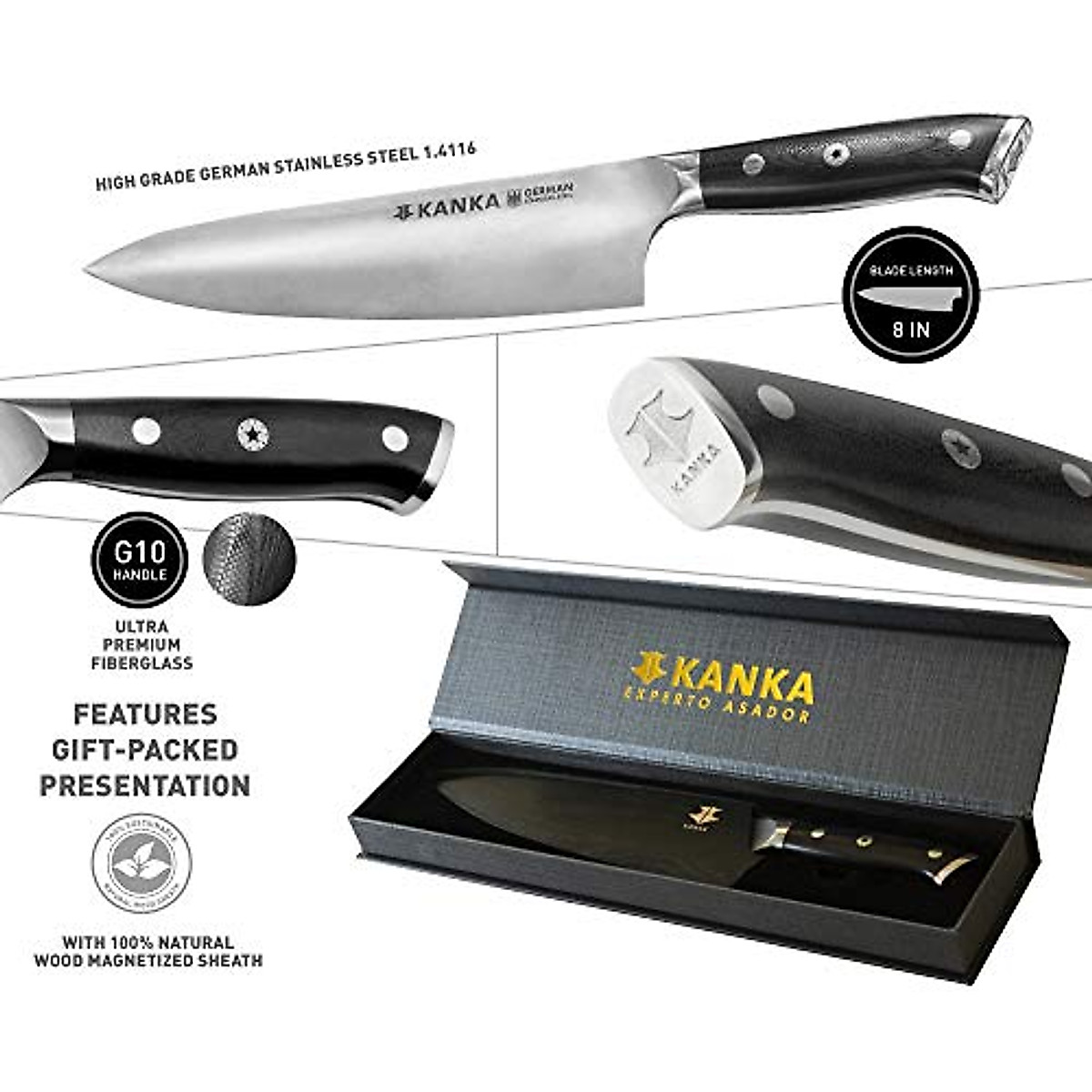 Professional 8" Chef Knife High Grade 1.4116 Stainless Steel. Ultra-premium G-10 fiberglass handle. Premium Wood Sheath INCLUDED!